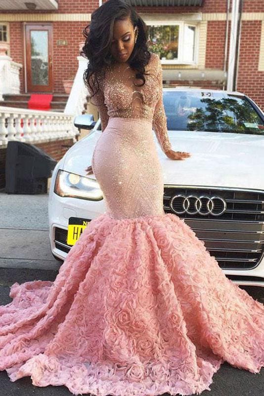 Glamorous Beading Sheer Long Sleeves Flowers Mermaid Prom Dresses ...