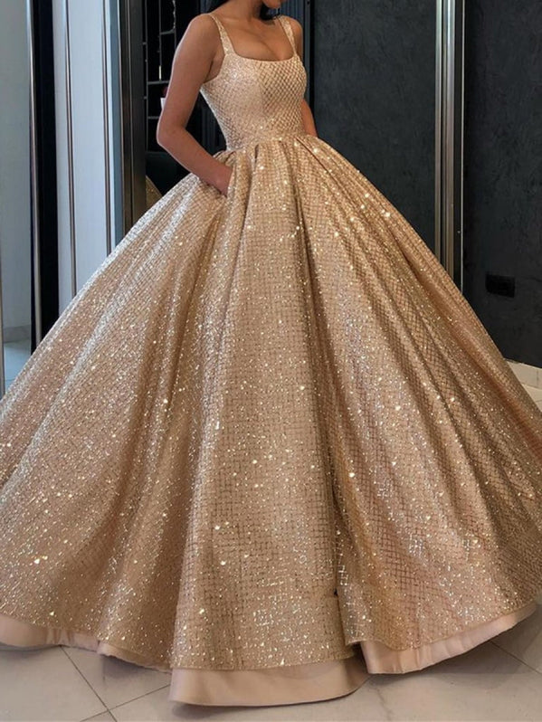 Gorgeous Sequins Golden Long Prom Gown with Pockets, Bling Bling Golde ...
