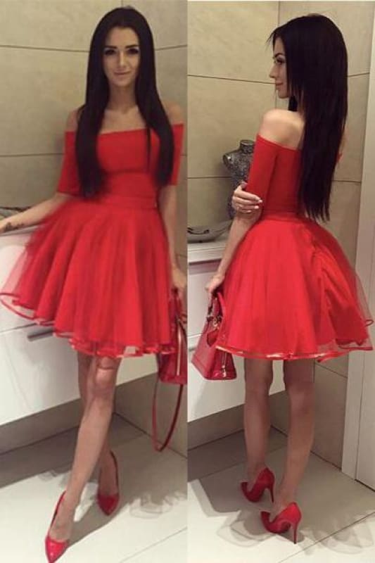 Half Sleeves Off-the-shoulder Short Red Prom Dresses 2021 - Bridelily