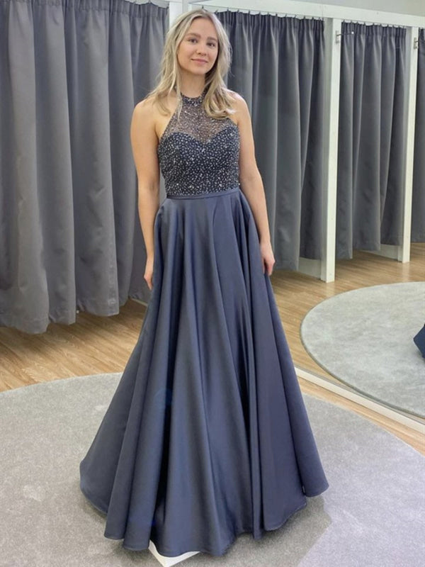 Halter Neck Backless Gray Beaded Long Prom, Backless Beaded Gray Forma ...