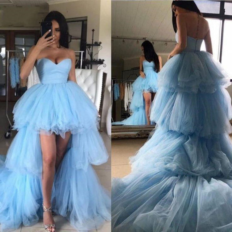 High Low Strapless Light Blue Tulle Long Prom with Train, High Low Lig ...