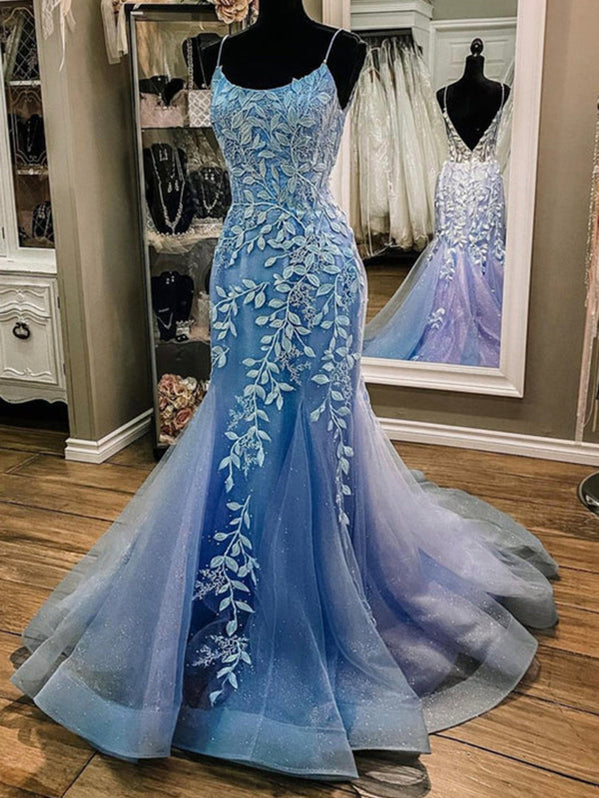 Mermaid Open Back Blue Lace Long Prom Dresses, Mermaid Blue Formal Dre ...