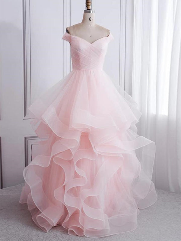 Off Shoulder Pink Long Prom Dresses, Fluffy Pink Formal Evening Dresse ...
