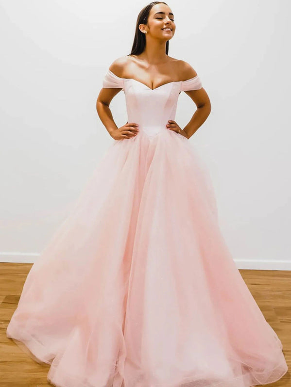 Off Shoulder Pink Tulle Long Prom Dresses, Pink Tulle Formal Graduatio — Bridelily
