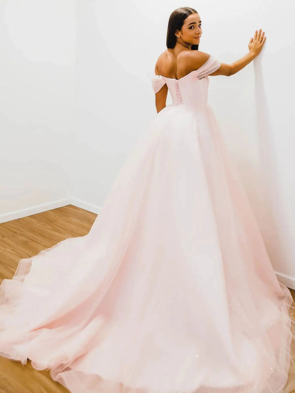 Off Shoulder Pink Tulle Long Prom Dresses, Pink Tulle Formal Graduatio — Bridelily