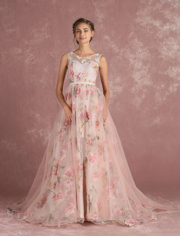 Pink Prom Dresses 2021 Long Floral Print Organza Pageant Dress Backles ...