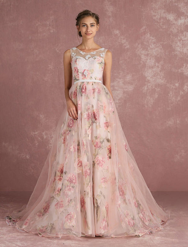 Pink Prom Dresses 2021 Long Floral Print Organza Pageant Dress Backles ...