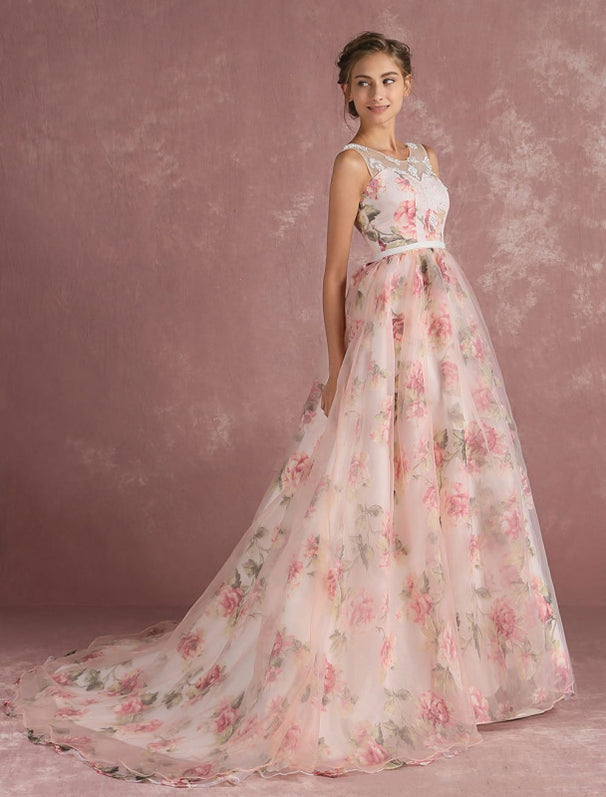 Pink Prom Dresses 2021 Long Floral Print Organza Pageant Dress Backles ...