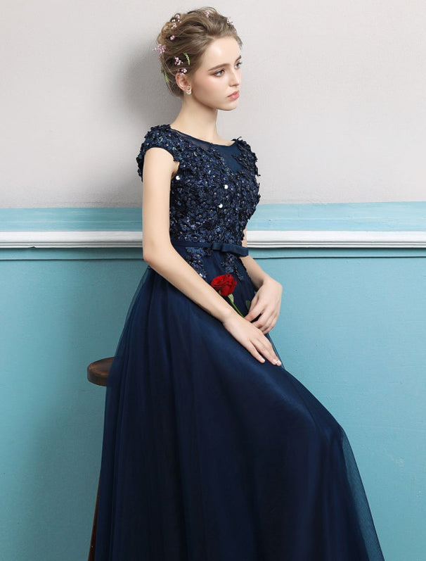 Prom Dresses 2021 Long Dark Navy Evening Dress Jewel Neck Open Back Se ...