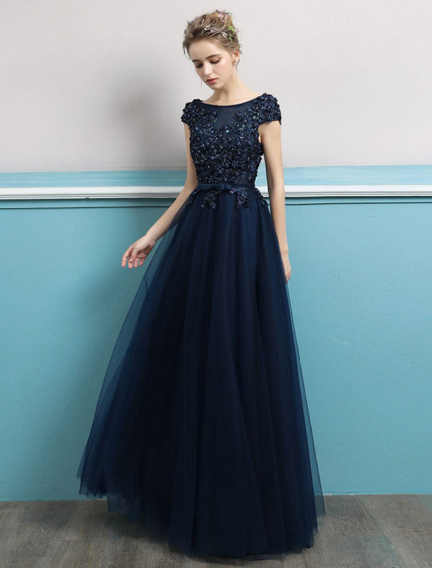 Prom Dresses 2021 Long Dark Navy Evening Dress Jewel Neck Open Back Se ...