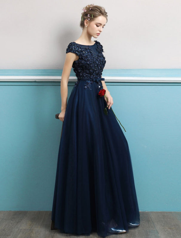 Prom Dresses 2021 Long Dark Navy Evening Dress Jewel Neck Open Back Se ...
