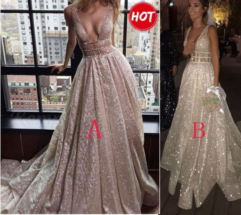 Chic A-Line Deep V-Neck Court Cute Long Prom Dresses Cheap - Bridelily