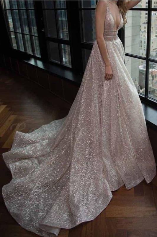 Chic A-Line Deep V-Neck Court Cute Long Prom Dresses Cheap - Bridelily