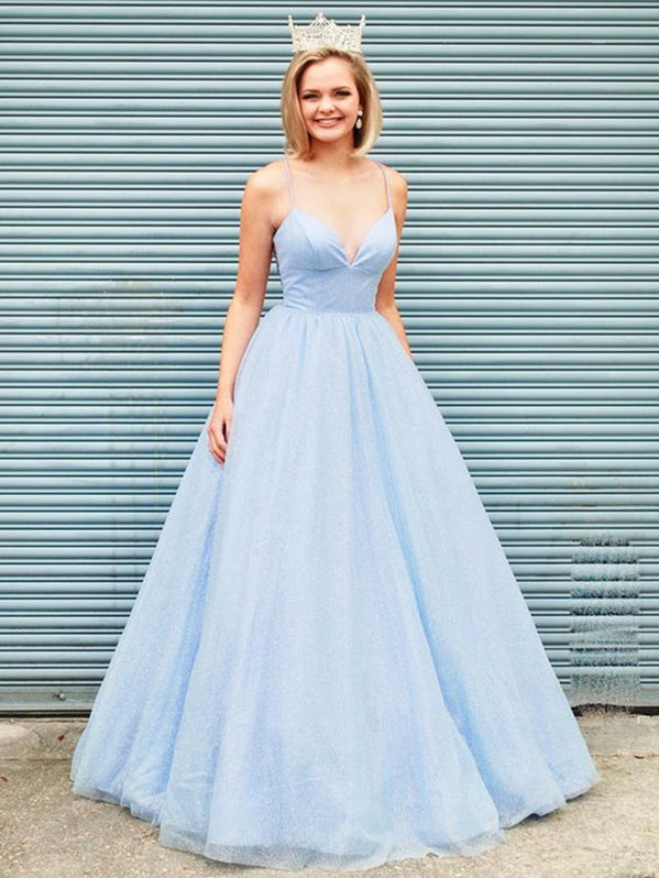 Shiny V Neck Backless Light Blue Long Prom, Open Back Light Blue Forma ...
