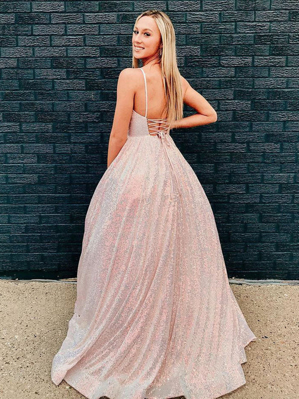Shiny V Neck Backless Pink Long Prom Dresses, Open Back Pink Formal Dr ...