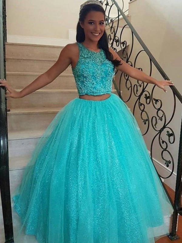 Sparkly Round Neck Two Pieces Lace Beading Long Prom, Two Pieces Lace ...