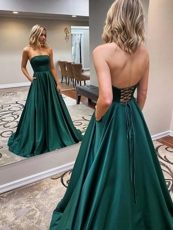 Strapless Emerald Green Satin Long Prom Dress with Pocket-Bridelily