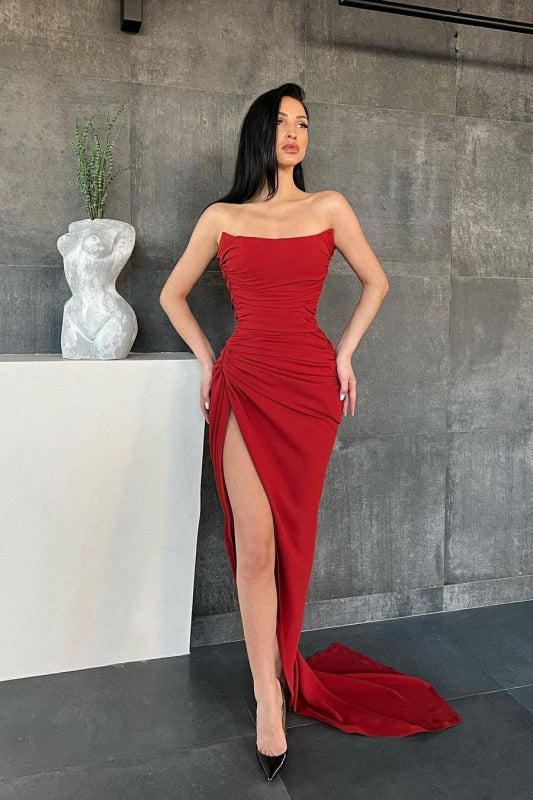 Unique Sweetheart Mermaid Red Prom Dresses with High Split Sleeveless ...