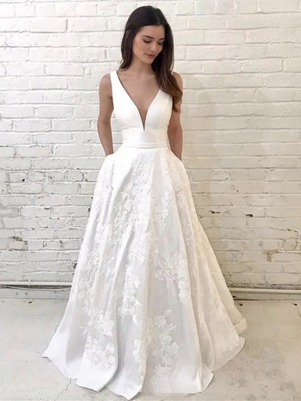 Unique V Neck Lace Appliques White Long Prom Wedding, V Neck White Lac ...