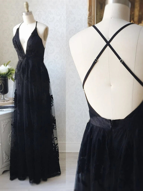 V Neck Backless Black Lace Long Prom, Backless Black Formal, Black Lac ...