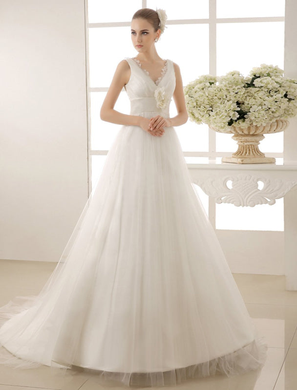 V-Neck Chapel Train Wedding Dress With Pearls-Bridelily