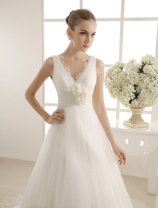 V-Neck Chapel Train Wedding Dress With Pearls-Bridelily