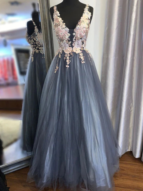 V Neck Lace Smoke Blue Long Prom Dresses, Smoke Blue Formal Graduation ...