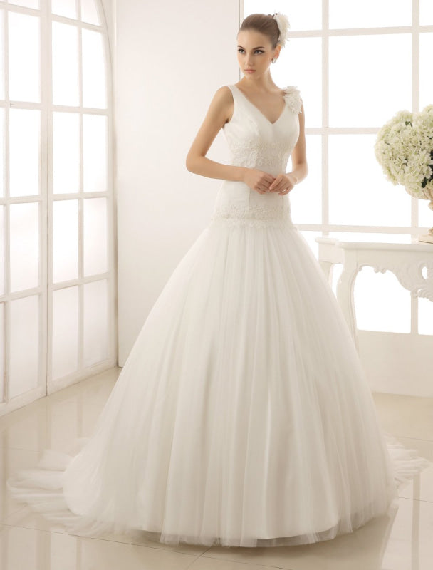V-Neck Mermaid Brides Wedding Dress With Flowers Detailing — Bridelily