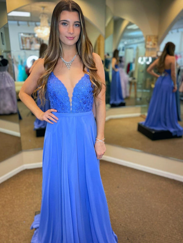 V Neck Open Back Blue Lace Long Prom Dresses, Blue Lace Formal Graduat ...