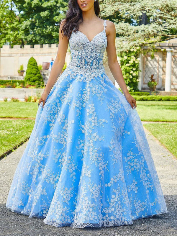 V Neck Open Back Blue Long Prom Dresses with Lace Appliques, Blue Lace ...