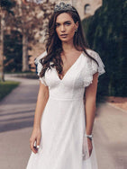 White Simple Wedding Dress Lace V-Neck Short Sleeves Backless Ruffles ...